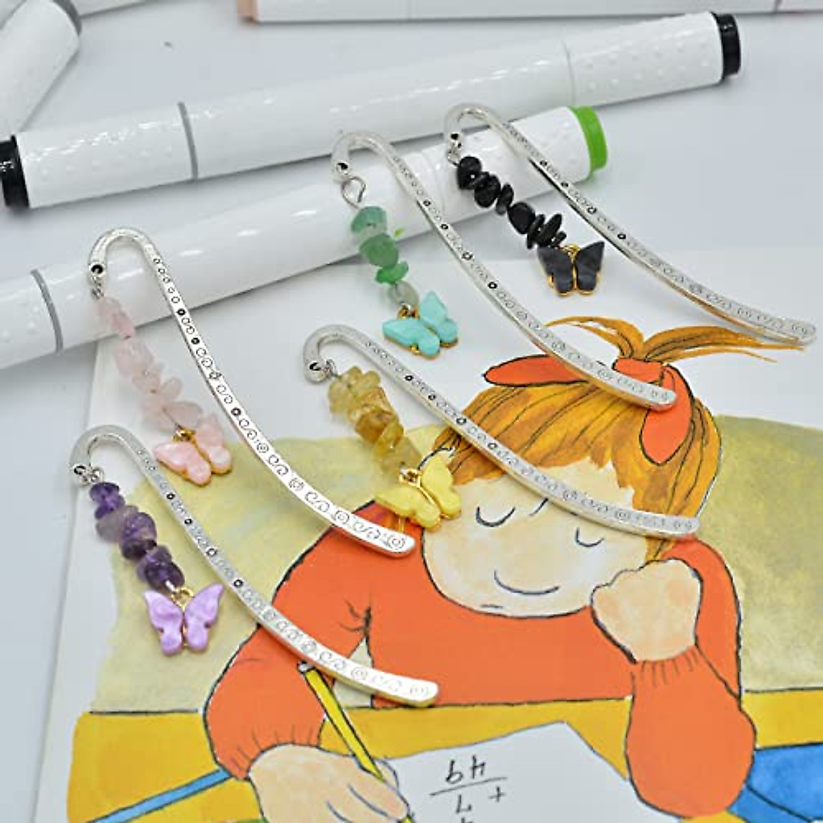 TUCAI 5 Pcs Antique Silver Metal Bookmarks Crystal Butterfly Bookmark Hook Bookmark for Women Kids Teens Girls Readers Book Lovers