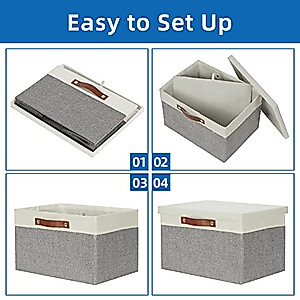 Temary Collapsible Storage Bins Storage Boxes with lid, 2 Pack Storage Baskets with Lid Decorative Storage Clothes, Toys, Organizer Bins with Handles (White&Gray, 15x11x9.5inch)