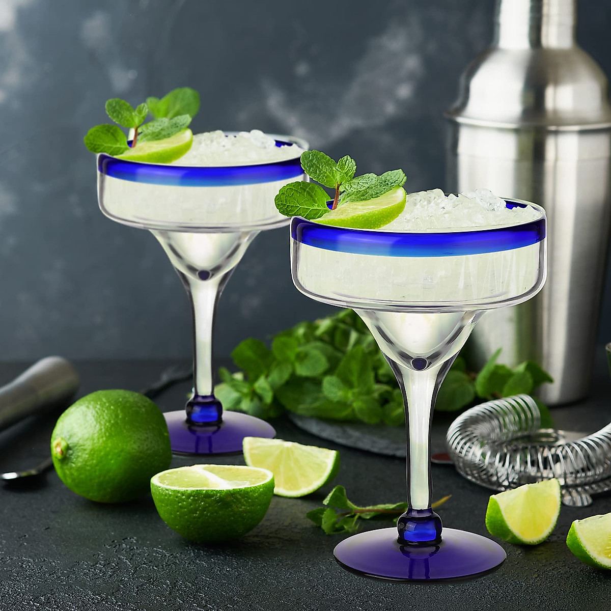 Margarita Glasses Set of 6 Hand Blown Glasses with Cobalt Blue Rim 14 oz Margarita Glasses for Cocktail Champagne Martini Glasses, Dishwasher Safe
