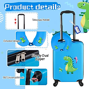 Sanwuta 4 Pieces Dinosaur Luggage for 18 Inch Kids Rolling Luggage, Boys Travel Rolling Suitcase with Gifts for Boys Christmas Wheels Blue Dinosaur Kids Luggage Set with Backpack Neck Pillow Name Tag