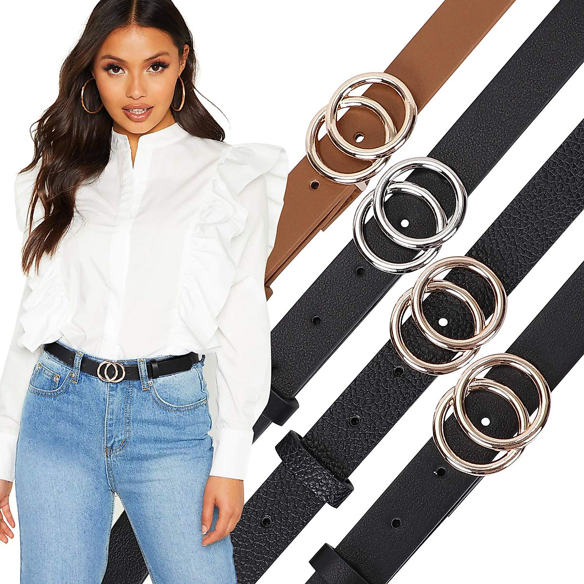 SANSTHS Double Ring Black Leather Belts for Women Gold Buckle Thin Dress Belt for Jeans Pants, Black S