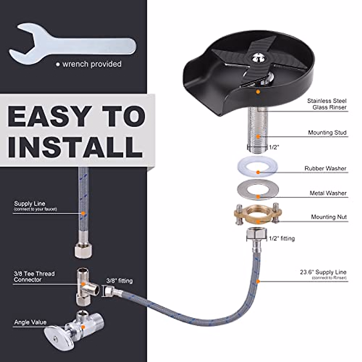 Stainless Steel Glass Rinser for Kitchen Sink, WOWOW Matte Black Cup Rinser for Sink, 360° Rotating Baby Bottle Washer High-Pressure Automatic Cup Cleaner Glass Washer for Kitchen Sink Gadgets