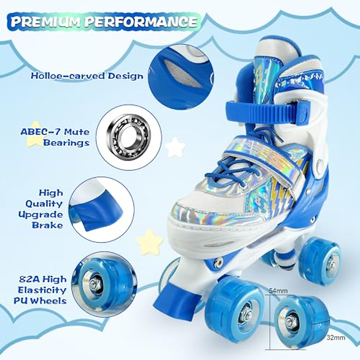 whicow Roller Skates for Boys Girls, 4 Sizes Adjustable Quad Skates for Kids with All Light up Wheels, Full Protection for Toddler's Indoor and Outdoor Sports (Blue, Medium (3Y-6Y US))