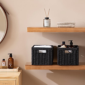 UBBCARE 2 Pack Wicker Basket, 13.4L×8.3H×7.1W inch Woven Paper Rope Storage Baskets for shelves, Foldable Rectangular Storage Baskets with Handle, Storage Basket for Organizing, Black