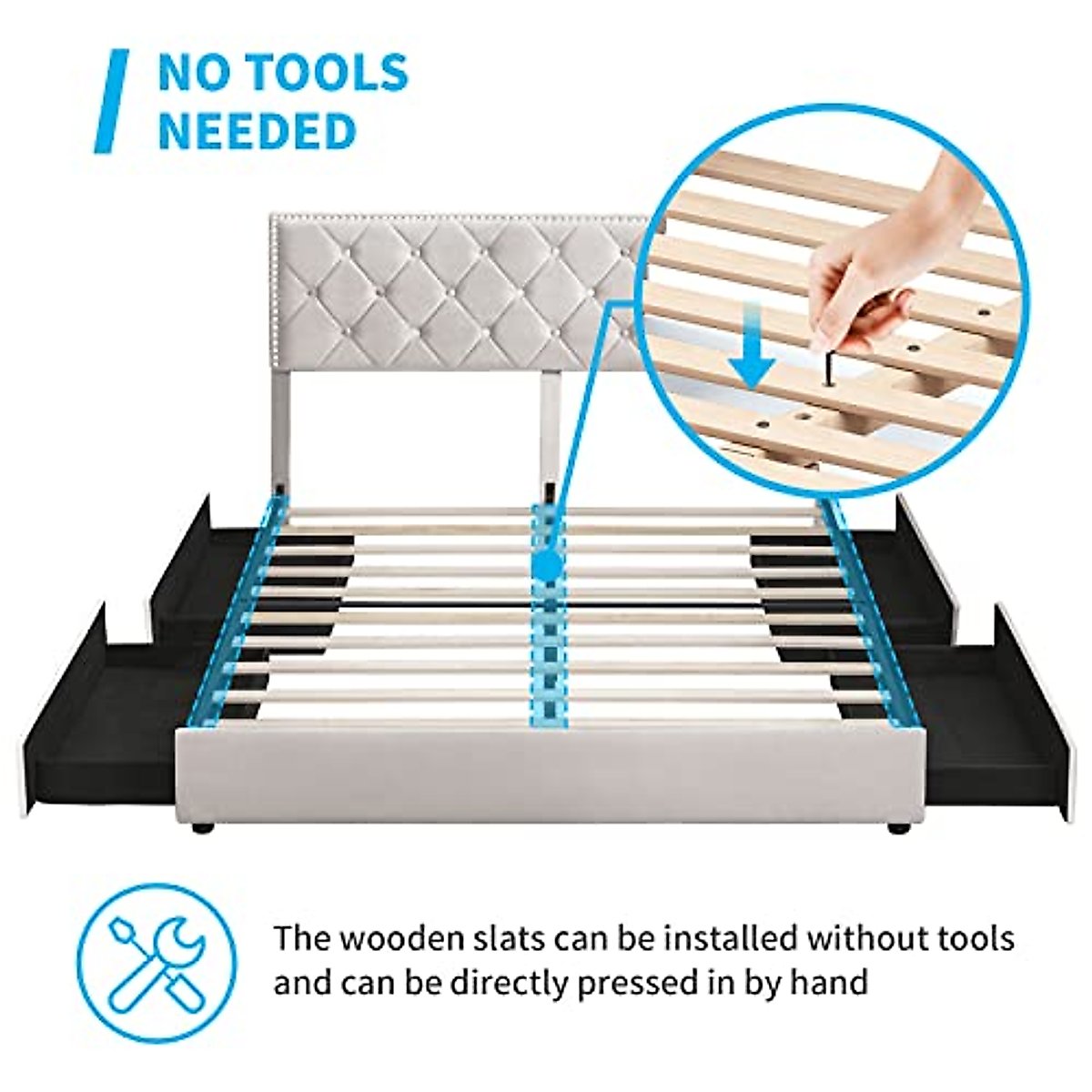 Mjkone Queen Platform Bed Frames with 4 Storage Drawers, Velvet Upholstered Bed Frame Has Adjustable Button Tufted Headboard, No Box Spring Needed/Easy Assembly/No Mattress (Beige, Queen Size)