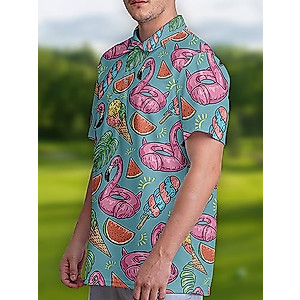 Rhodias Flamingo Shirt Flamingo Golf Shirt Floral Golf Shirts for Men Hawaiian Golf Blue Shirt Pink Ice Cream Watermelon