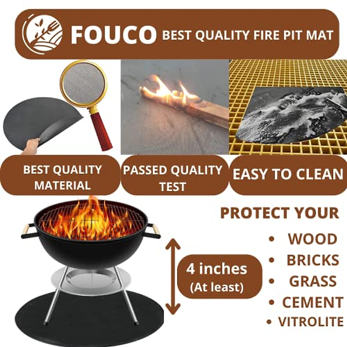 Fuoco Fire Pit Mat | 36” Round Outdoor BBQ Grill Protector | Round Fire Pit Mat | Heat Resistant Fire Pit Mat for Patio, Deck, Grass | Flat Top Gas Propane Burner with Roasting Stick & Ebook