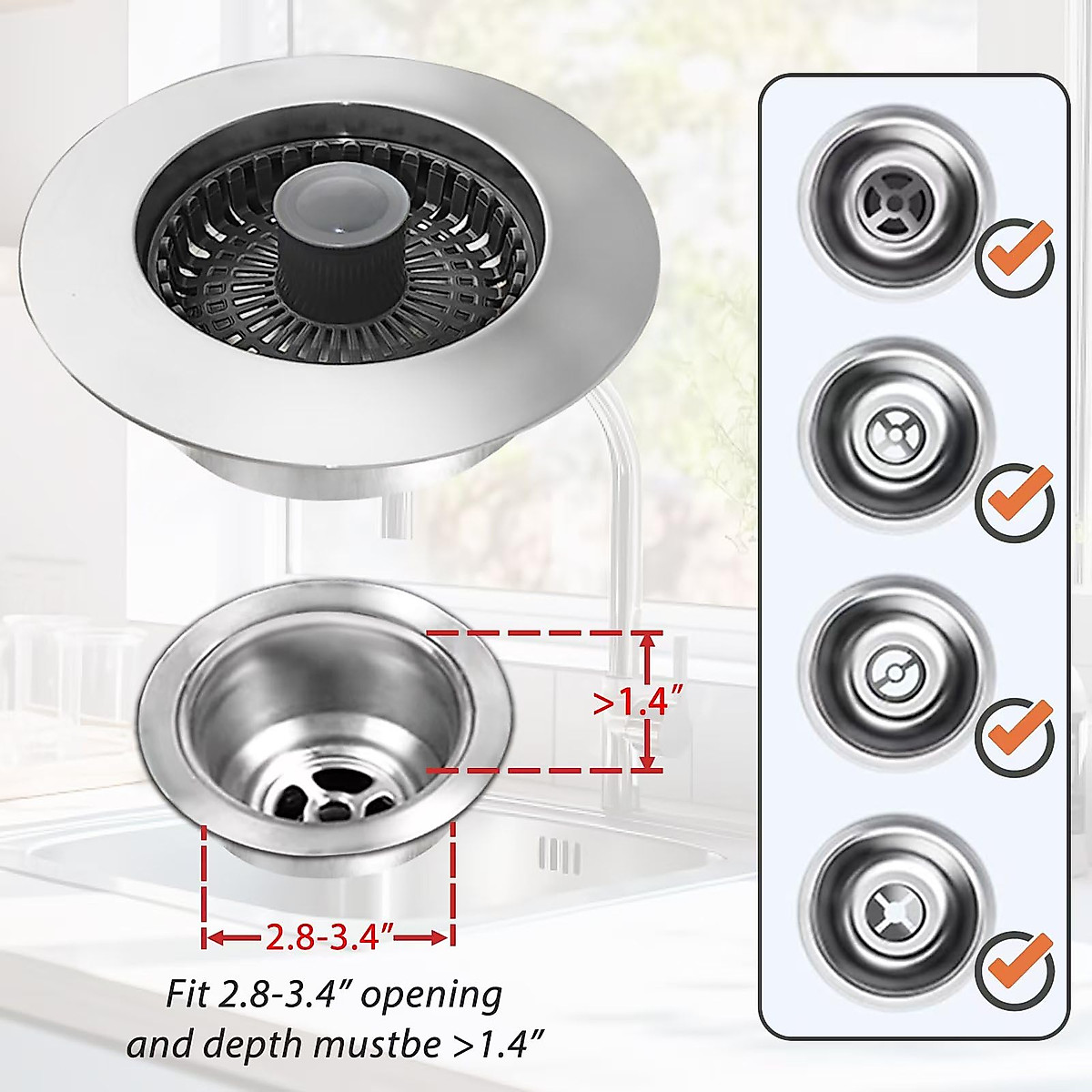 Anlige Kitchen Sink Drain Strainer,3 in 1 Pop Up Kitchen Sink Stopper,Made of Brass Material,with an Extra Basket Strainer,Sink Bounce Core Drain Strainer,Universal for US Standard 3-1/2 Inch,Silver