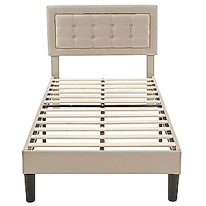 VECELO Twin Size Upholstered Bed Frame with Height Adjustable Fabric Headboard, Heavy-Duty Platform Bedframe/Mattress Foundation/Strong Wood Slat Support/No Box Spring Needed, Beige
