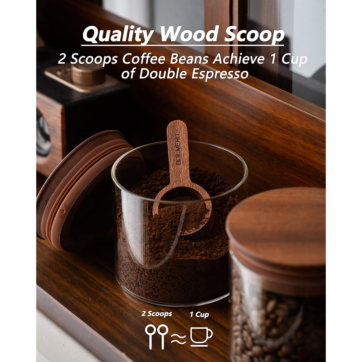 BOILMERIT 500ml Glass Coffee Canister with Wooden Lids and Scoop, Kitchen Coffee Container Set of 2 Hold Up to Total 12 oz of Coffee Bean, Airtight Food Storge Jars for Ground Coffee Bar Cereal Snack