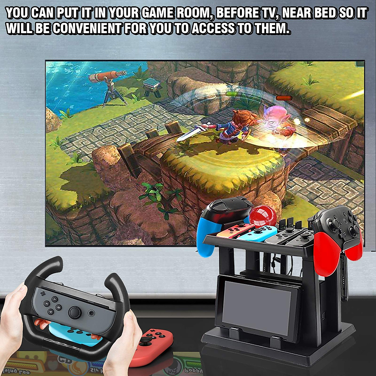 INFURIDER Multifunctional Storage Stand for Nintendo Switch Tower Holder Bracket for Nintendo Switch Dock Joy-Con Grip 2 Pro Controllers 2 Joy-Con Straps 4 Joy-Cons 12 Game Cards and 2 Poke Balls