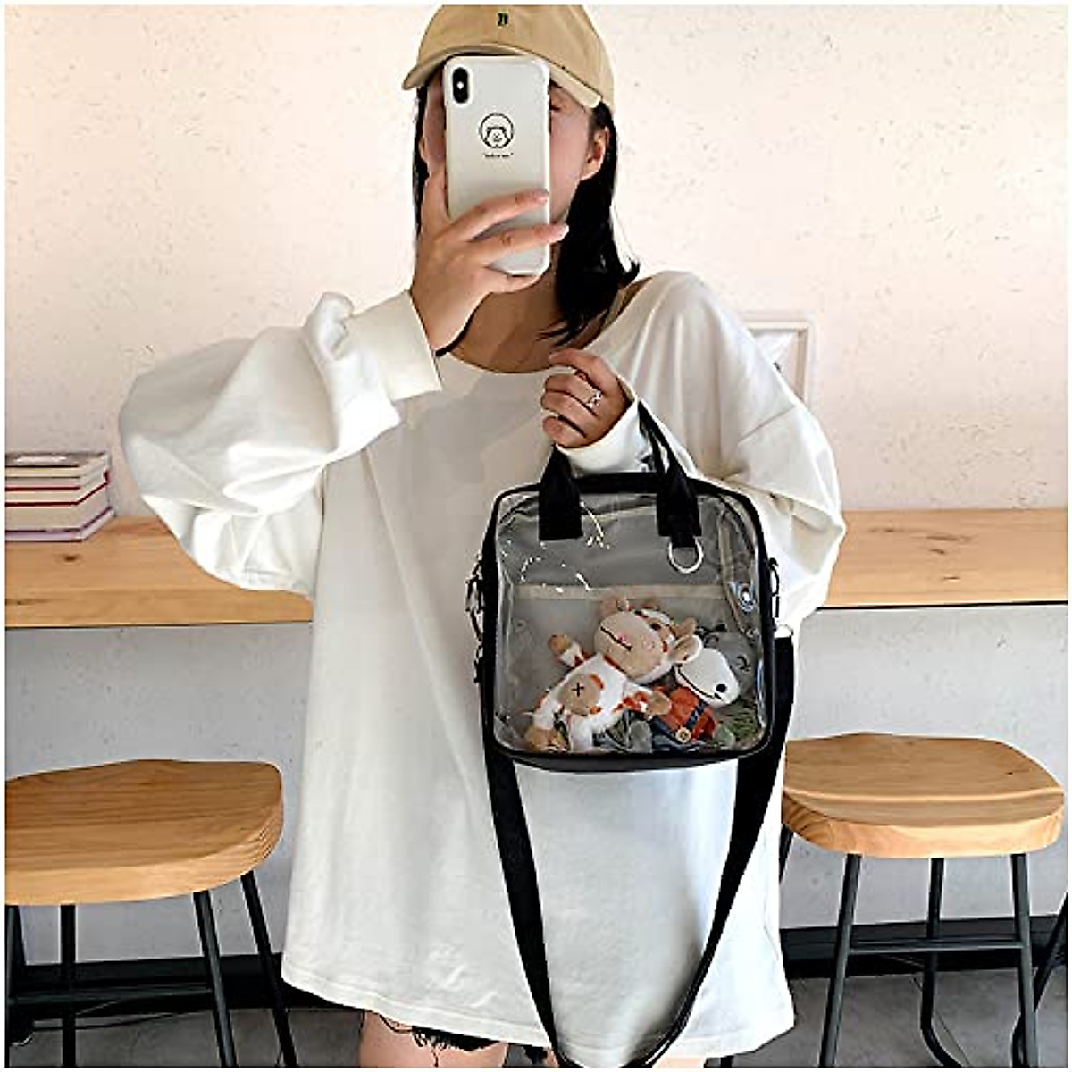Hipi-shop Color small Clear Crossbody bag shoulder bag handbag for Anime Lolita Bag DIY Cosplay Display handbag (Black)
