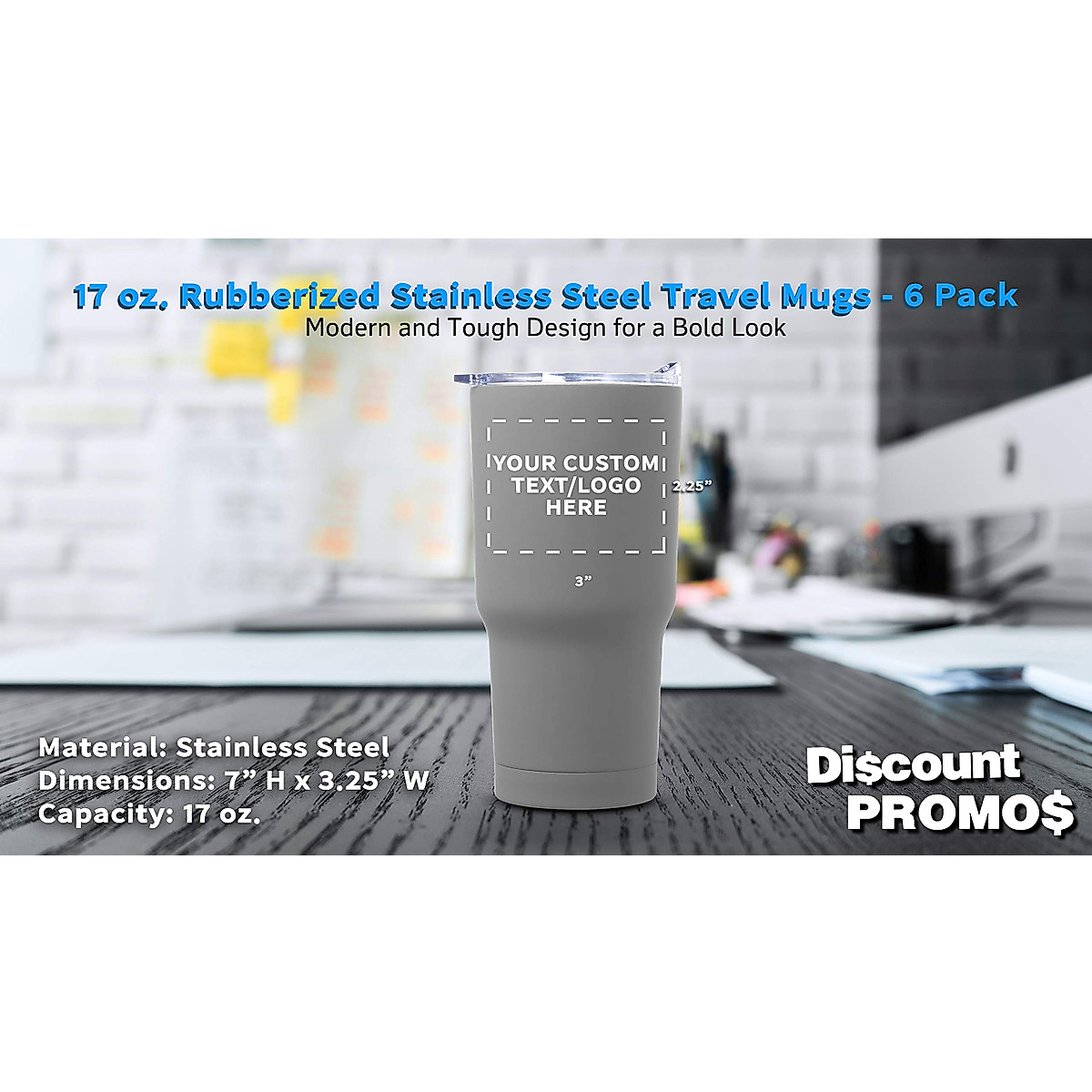 Personalized 17 oz. Rubberized Stainless Steel Travel Mugs - 6 Pack - Custom Text, Logo - Grey