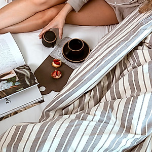 Lavien Home, 100% Natural Cotton Duvet Cover Set King Size, Linen Like Striped, 1 Duvet Cover with 2 Pillowcases, Soft and Easy Care (Milas, King 104"x90")