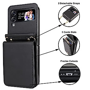 KSRIDOTE for Samsung Galaxy Z Flip 4 Case with Card Holder Strap Lanyard, Samsung Z Flip 4 Case Wallet Galaxy Z Flip 4 Wallet Phone Case Crossbody Phone Case Cover Purse for Women, Black