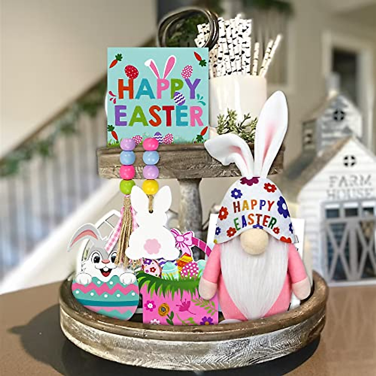 5 PCS Easter Gnome Tiered Tray Decor (Tray Not Included) - Gnomes Plush, Happy Easter Egg Mini Wood Sign, Wooden Bunny Bead Garland - Spring Easter Gift, Easter Day Party Decor for Home Kitchen