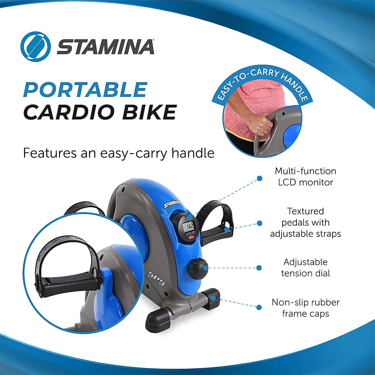Stamina Mini Exercise Bike with Smooth Pedal System - Portable Pedal Exerciser - Cardio Equipment Fitness Bike - Stationary Bike for Home Workout - Blue