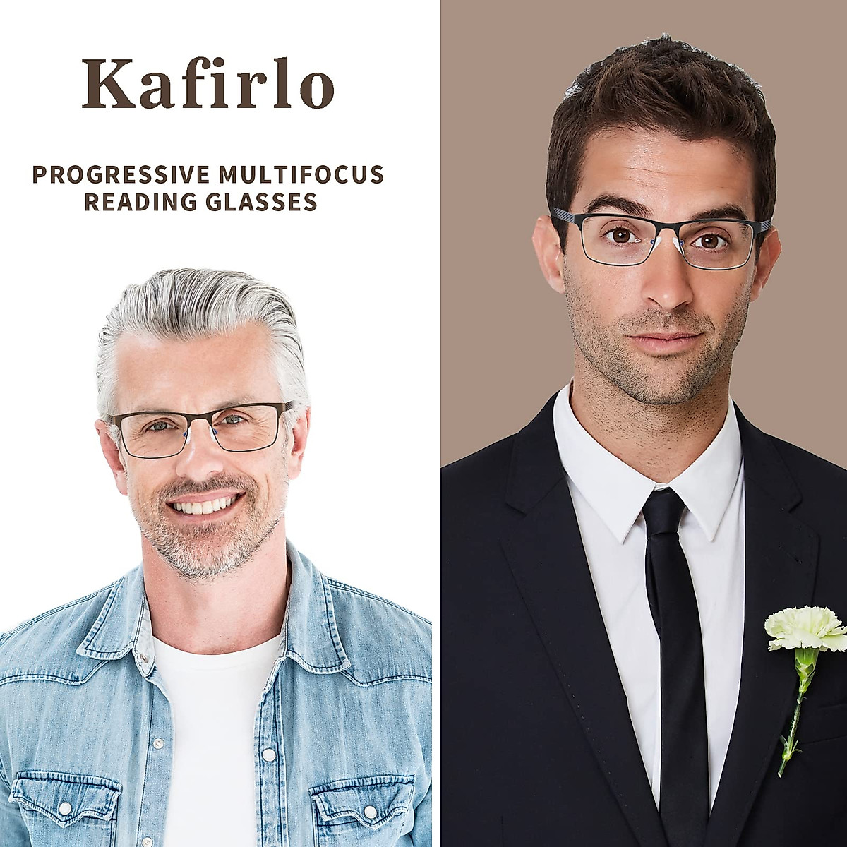 Kafirlo Progressive Multifocal Reading Glasses Men No Line Multifocus Transition Blue Light Blocking Computer Reader Multi Focus Metal Full Wide Frame Spring Hinge Designer Magnifying Eyeglasses 1.25