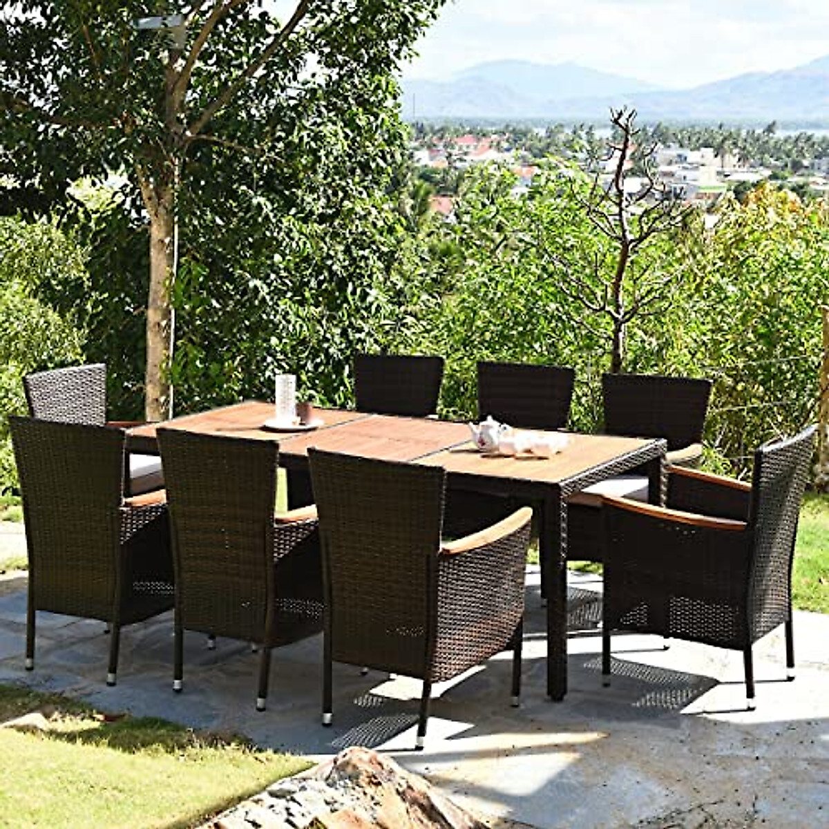 ALIDAM Patio Set Furniture Set 9PCS Rattan Dining Set 8 Stackable Chairs Cushioned Acacia Wood Table Top Is Good For Outdoor Relaxation And Dining Party For Family And Friends Outdoor Garden Furniture
