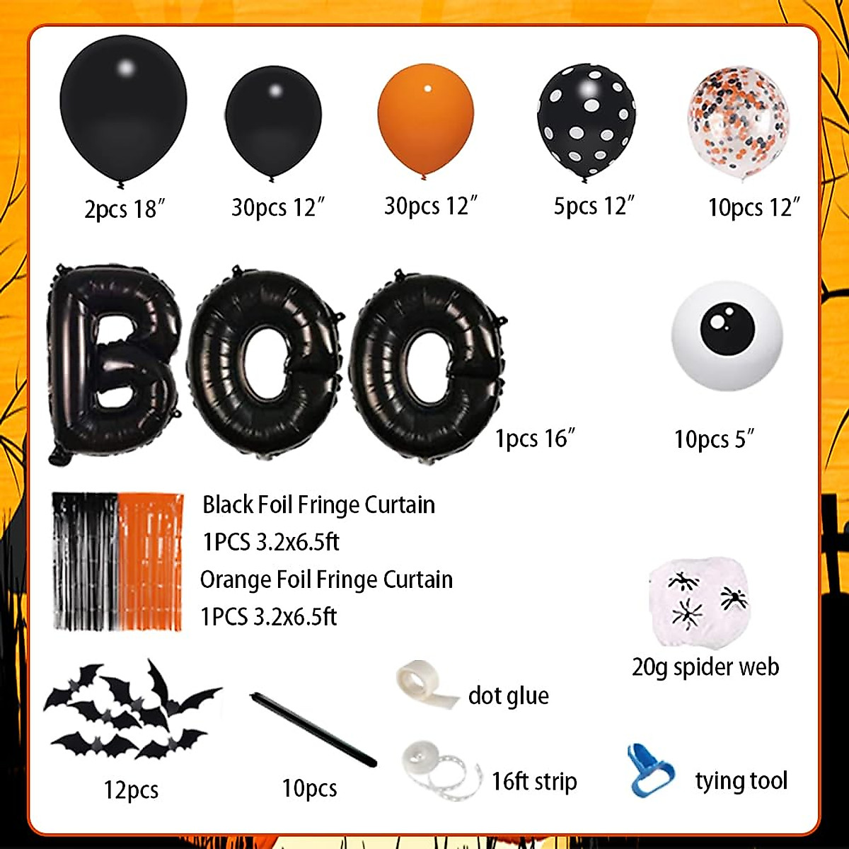 AIBIIN 116pcs Halloween Balloon Garland Arch Kit Halloween Party Balloons Halloween Balloons Decorations Orange Black Foil Fringe Curtain Halloween Boo Birthday Baby Shower Backdrop Balloon Kit