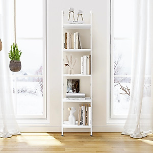 ELYKEN Ladder Shelf, White 5-Tier Wood Wall Mounted Bookshelf with Metal Frame, Modern Open Display Organizer Rack, Leaning Storage Shelves for Living Room, Bedroom, Home Office