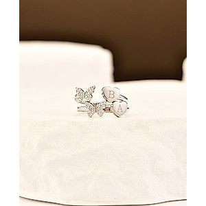 LOVPEPY Initial Letter Ring for Women, Silver Stackable Heart Butterfly Alphabet Rings with Initial Adjustable Crystal Inlaid Rings Bridesmaid Gift (B)