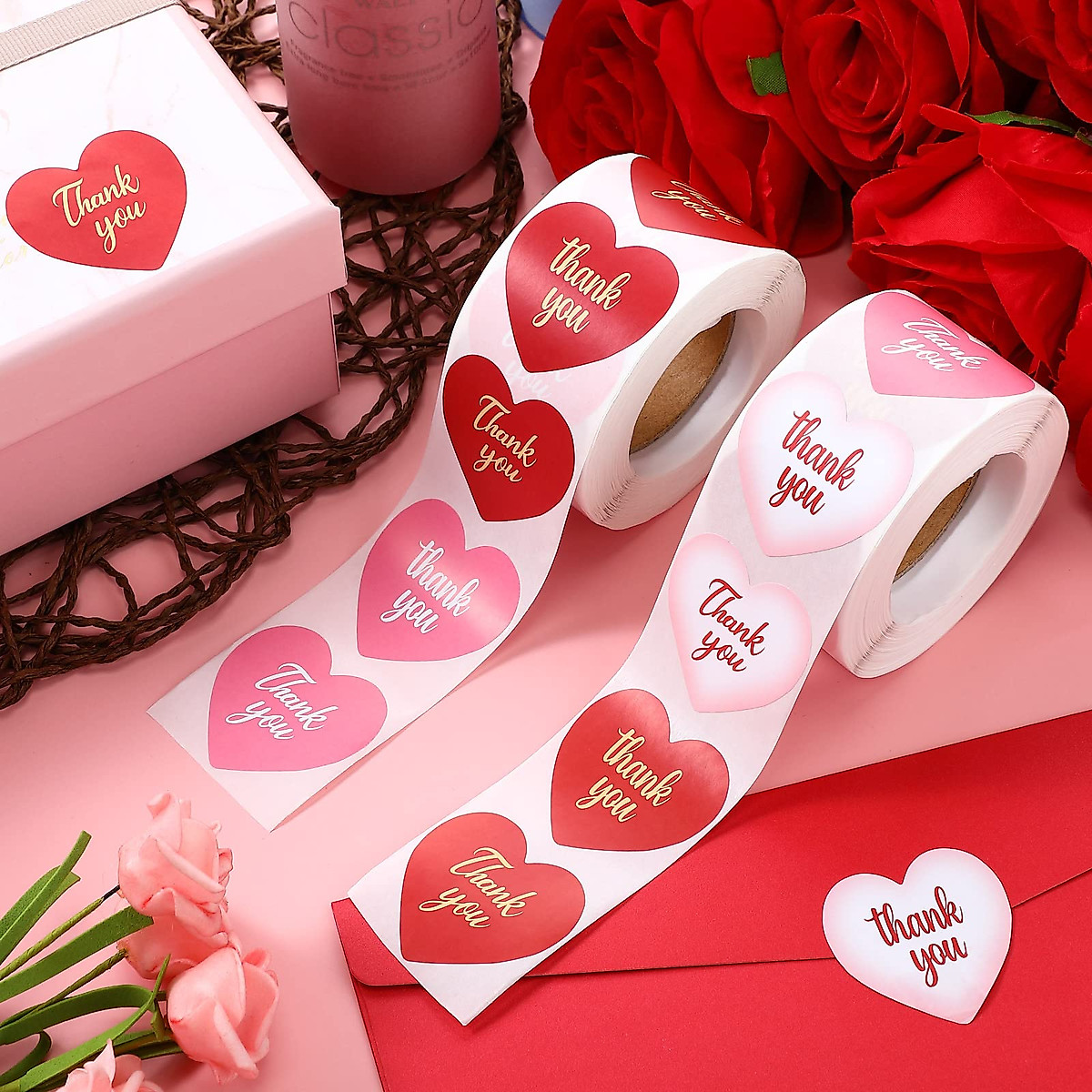 1000 Pieces Heart Thank You Sticker 1.5 inches Valentine's Day Red Pink Label Sticker Adhesive Thank Heart Shaped Sticker Thank Present Tag for Wedding Anniversaries Envelopes Greeting Cards, 2 Rolls