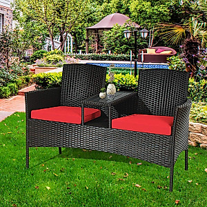 RELAX4LIFE Conversation Furniture Set with Table and Two Removable Cushions Rattan Wicker Chairs and Table Set for Patio,Garden, Baloney and Lawn Outdoor Porch Furniture Sets Loveseat (Brown+Red)