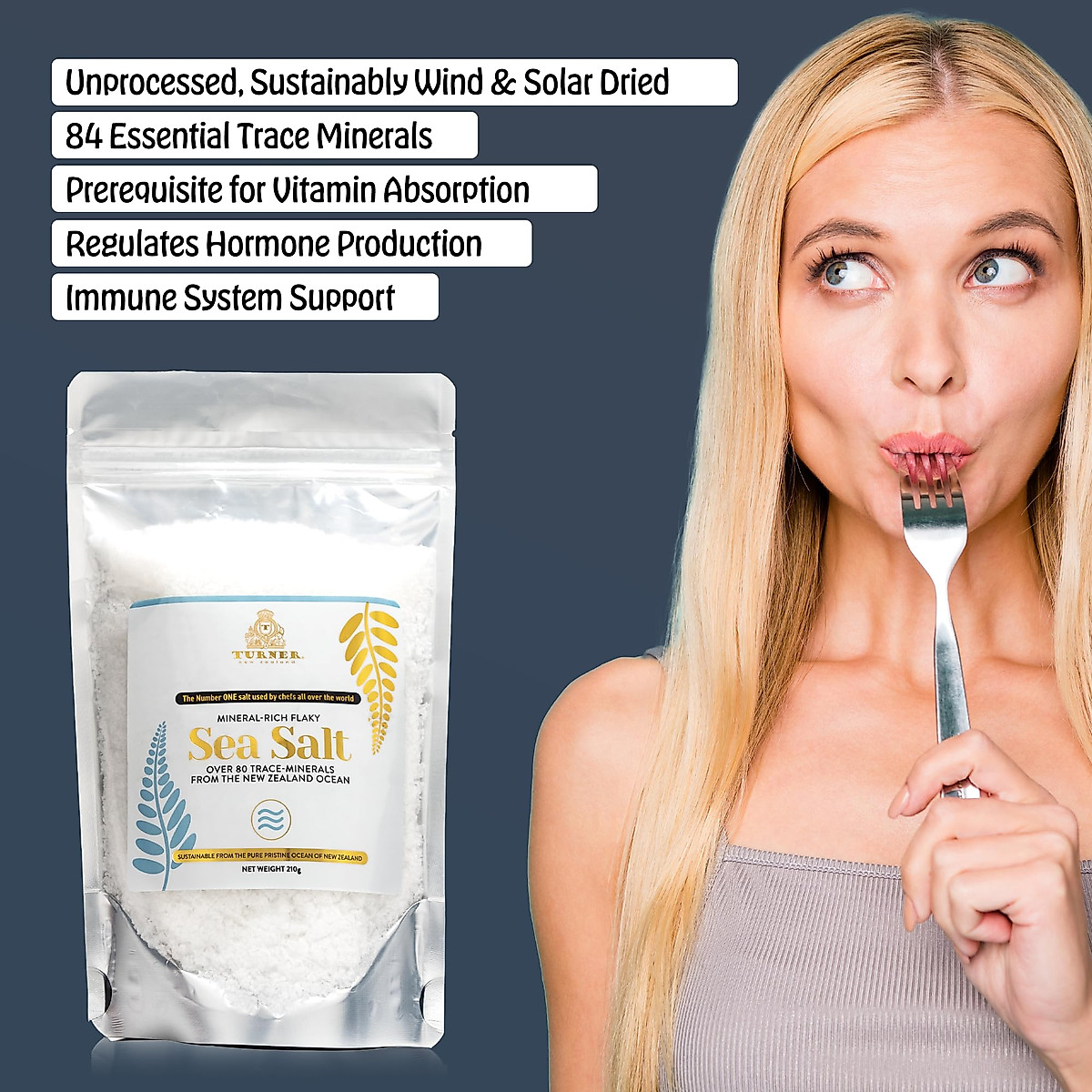 TURNER Flaky Sea Salt, 8.8 ounces of Premium Gourmet Sea Salt Flakes from New Zealand, 80 Minerals & Trace Elements, 100% All-Natural, Solar & Wind Harvested Salt, No Microplastics, 1 Pouch