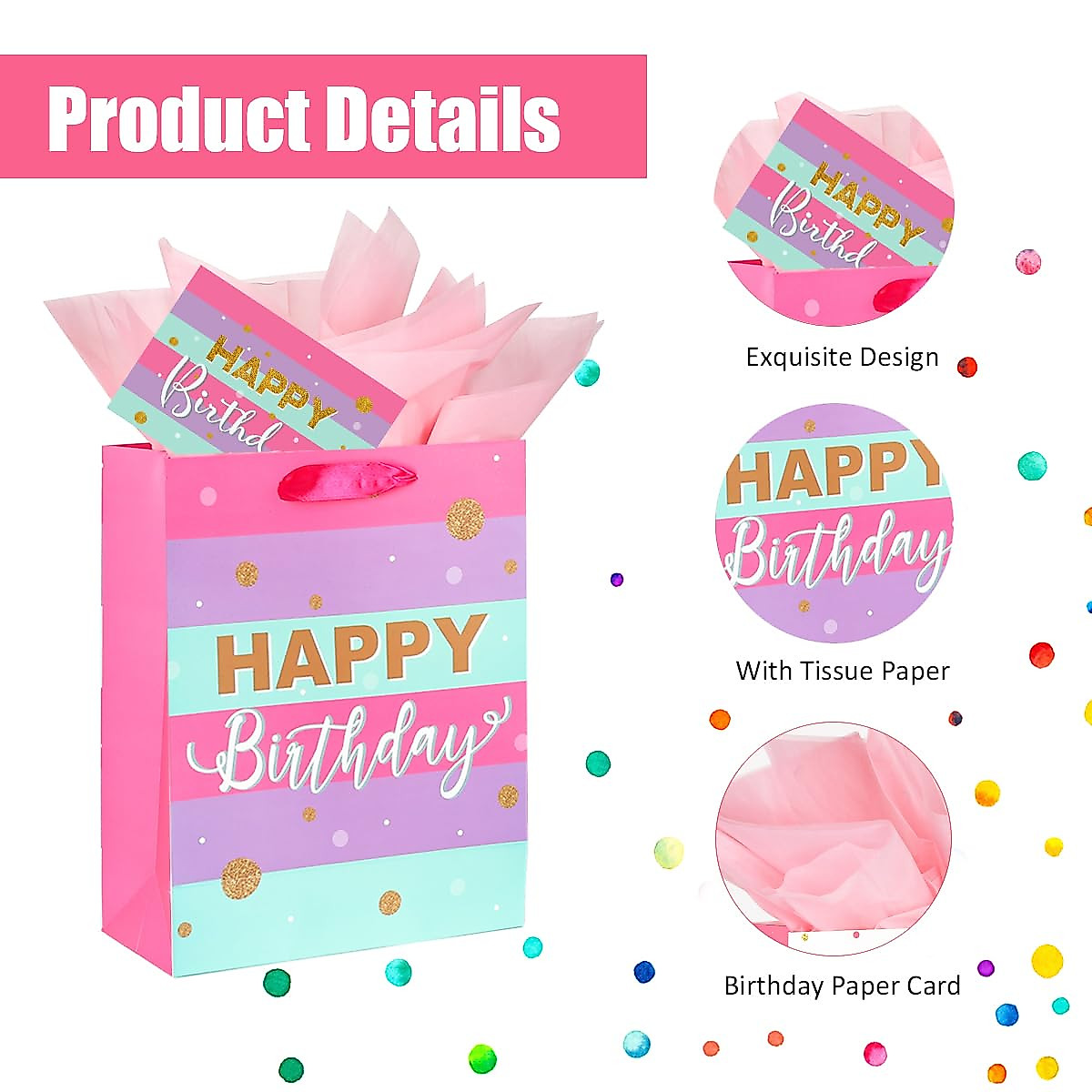 Dimetey 2 Pack 12.6" Large Gift Bag with Tissue Paper and Happy Birthday Card for Birthdays (Pink)