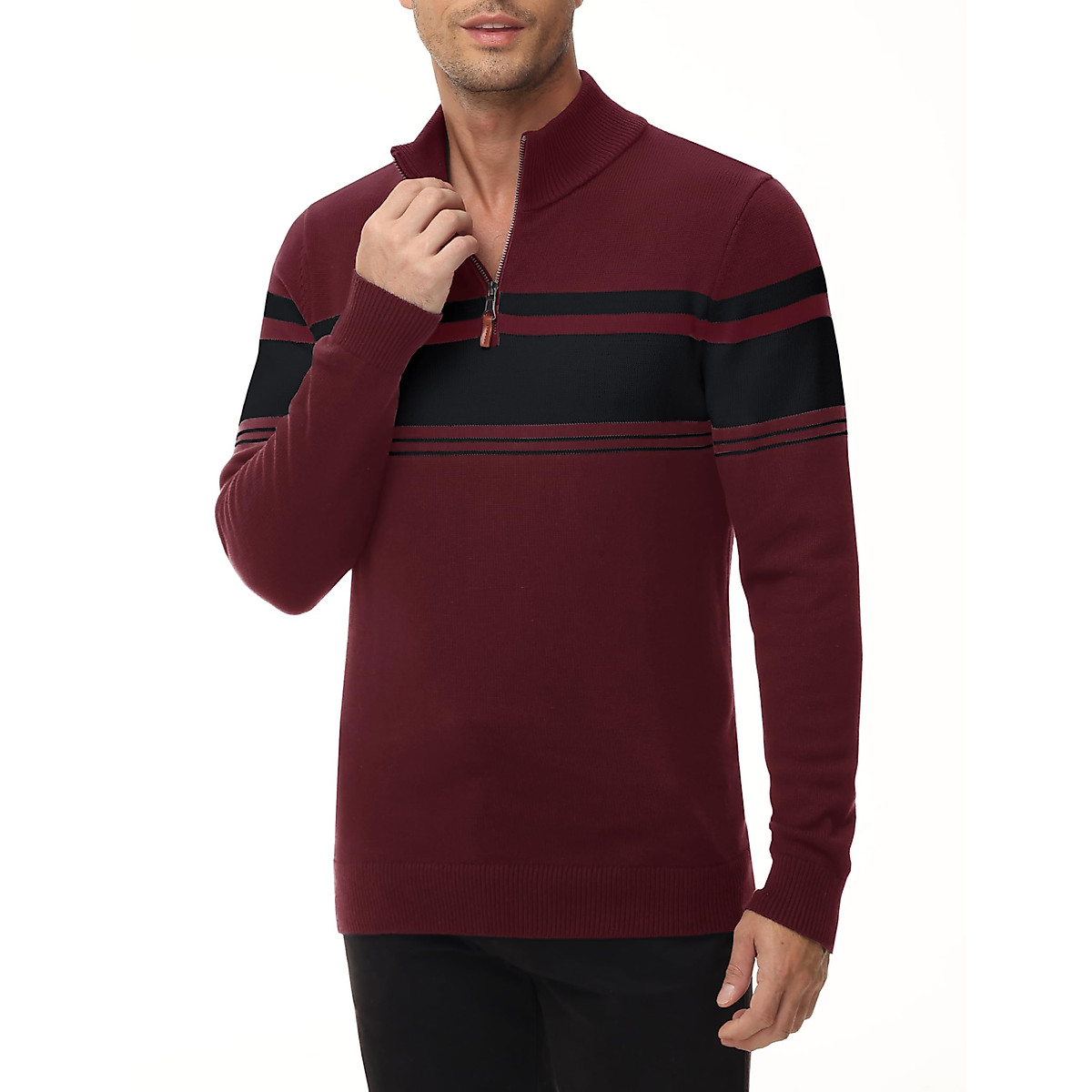 MAGNIVIT Men's Stand Collar Pullover Casual Long Sleeve Knitted Sweater Mens Mock Neck Sweater Wine Red L