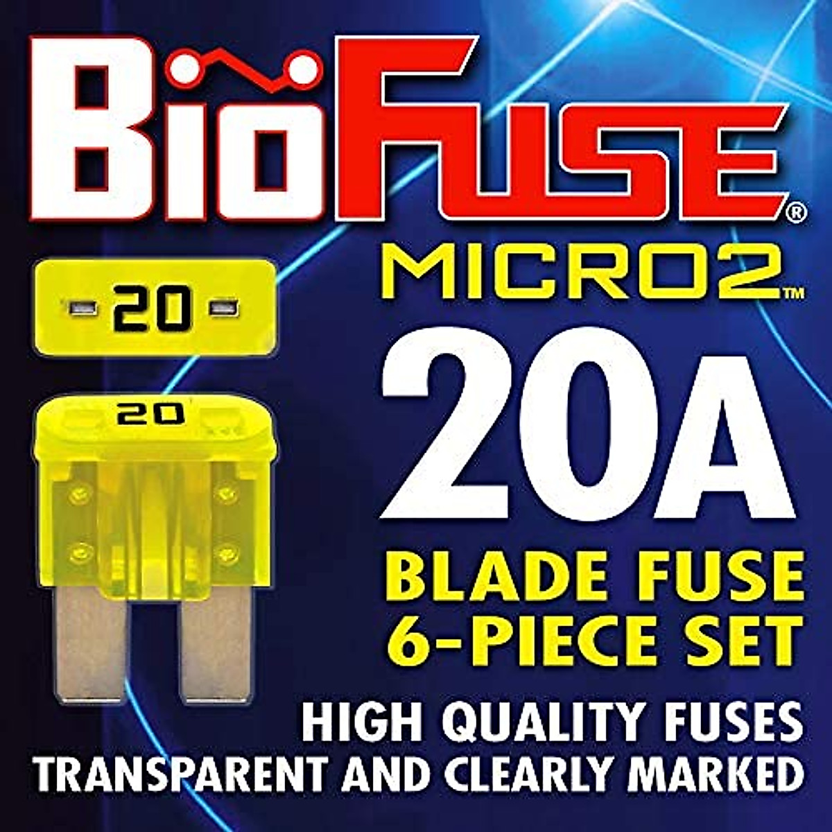 BioFuse Micro2 APT ATR 6-Piece 20A Automotive Car Fuses (Set of 6 Micro 2 Blade Fuses) Transparent and Clearly Marked