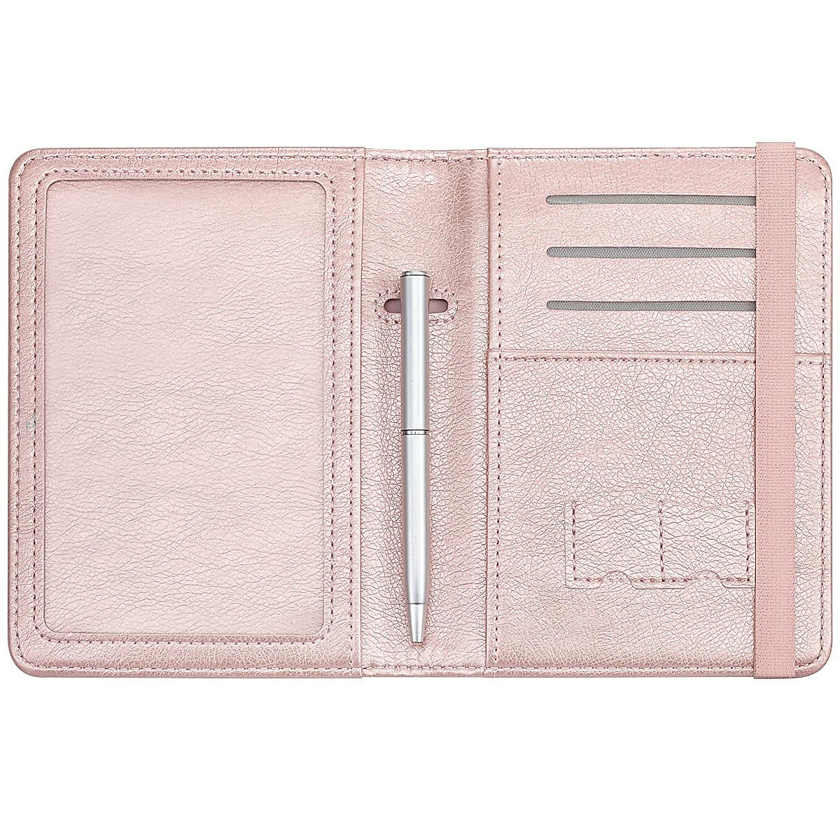 HOTCOOL Passport and Vaccine Card Holder Combo Leather RFID Blocking Wallet with Elastic Strap Travel Cover Case for Passport, with USA CDC Vaccination Card Slot, with Pen, Rose Gold