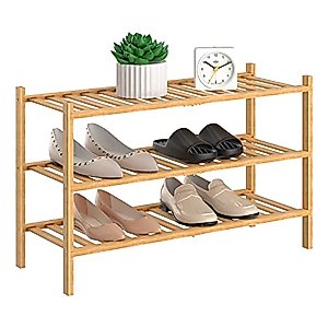 RONGJIA 3-Tier Natural Bamboo Shoe Rack - Stackable Storage Shelf with Multi-Function Combinations - Free Standing Shoe Racks for Convenient Shoe Organization（Natural） 11" D x 27" W x 20" H