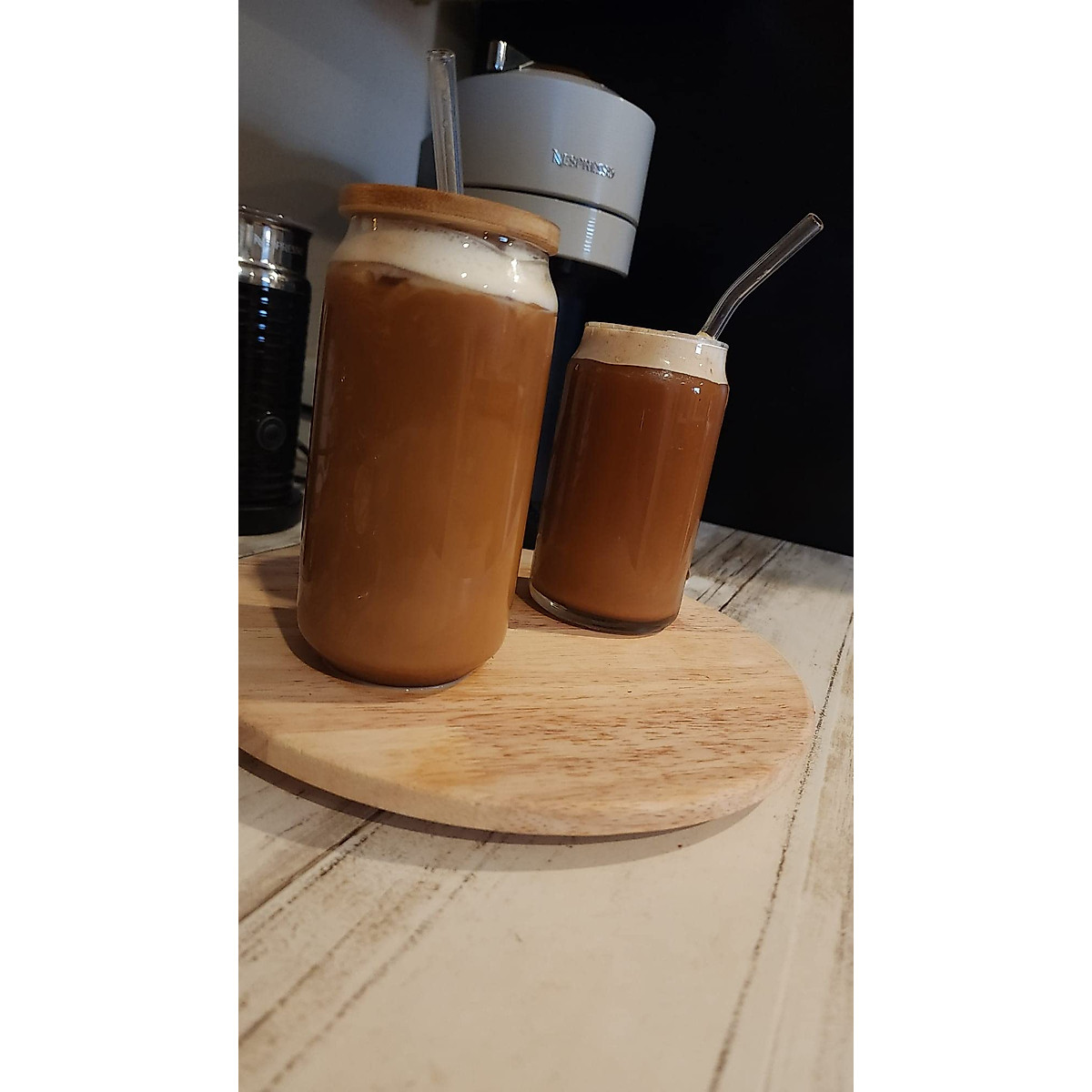 16 oz Glass Cups With Bamboo Lids And Glass Straw And Brush to clean -Beer Can Shaped Drinking Glasses, Iced Coffee Glasses, Cute Tumbler Cup for Smoothie, Boba Tea, Whiskey, Water