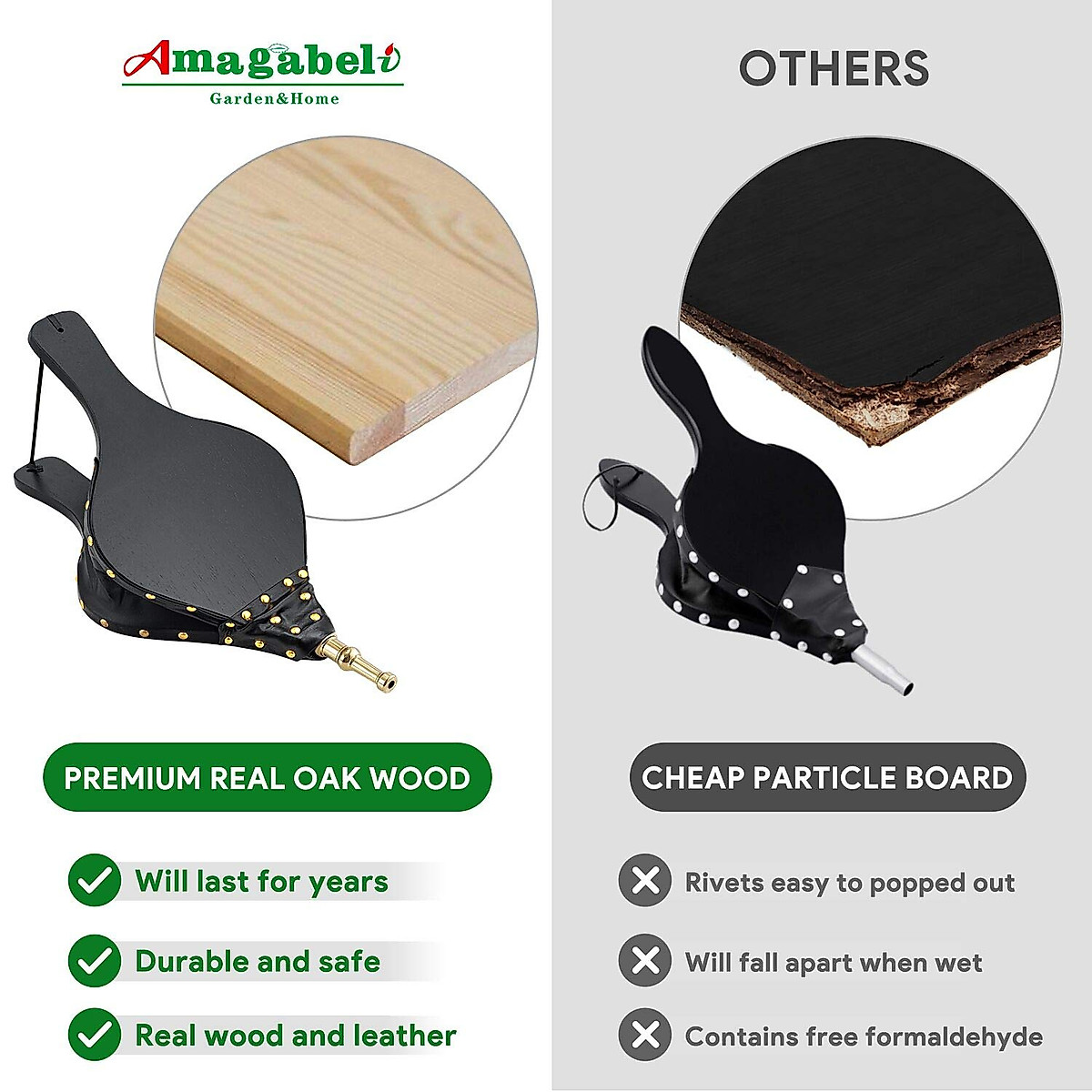 AMAGABELI GARDEN & HOME Fireplace Bellows 15.5"x 7" Large Wood Air Blower Cast Nozzle for Outdoor Camping BBQ Grill Chimney Hand Bellow Pump Pit Barbeque Fire Tools Accessories (Black)