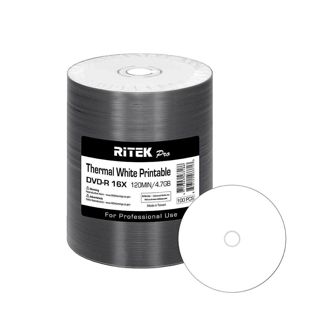 100 Pack Ritek Pro (Professional Grade) DVD-R 16X 4.7GB AZO Dye (MID MXL RG04) White Thermal Hub Printable Blank Media Recordable Disc