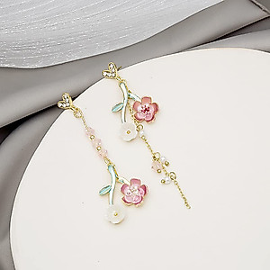 Pink Flower Earrings Sakura Cherry Blossoms Drop Earrings Floral Teardrop Butterfly Fairy Leaf Petal Drop Spring Women Girls Jewelry (A pink)