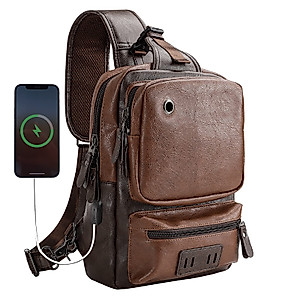 AONETIGER Small Brown Sling Crossbody Backpack Shoulder Bag, Vintage PU Leather Casual Daypack Rucksack with USB Charger bag for Men Women