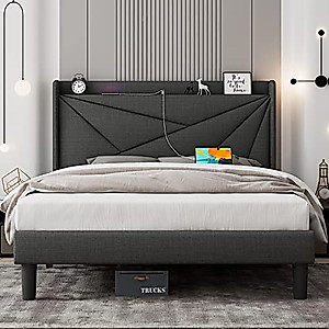 Feonase Queen Bed Frame with Type-C & USB Ports, Upholstered Platform Bed Frame with Wingback Storage Headboard, Solid Wood Slats Support, No Box Spring Needed, Noise-Free, Dark Gray