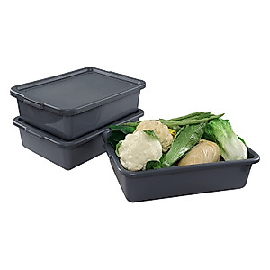 Minekkyes 3-Pack Plastic Commercial Tote Box, Bus Tubs/Bus Box with Lid, Grey