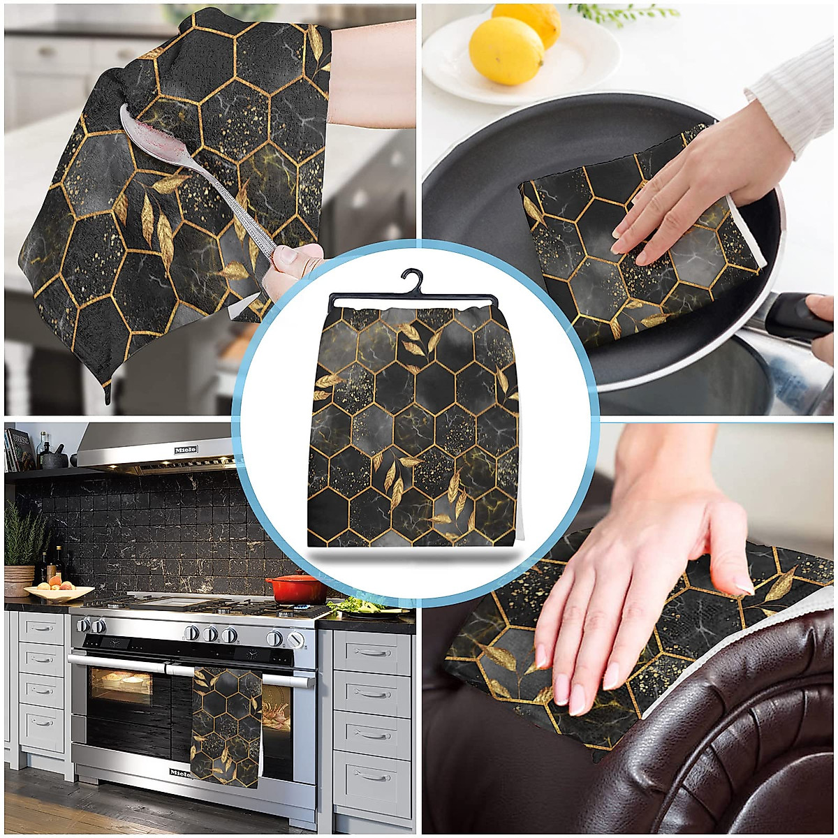 PIEPLE Marble Kitchen Towels - 2 Pack Microfiber Absorbent Dish Towels for Kitchen, Black Gold Grey Grid Irregular Comb Plaid Geometric Farmhouse Kitchen Hand Towels/Tea Towels/Bar Towels 18"x28"