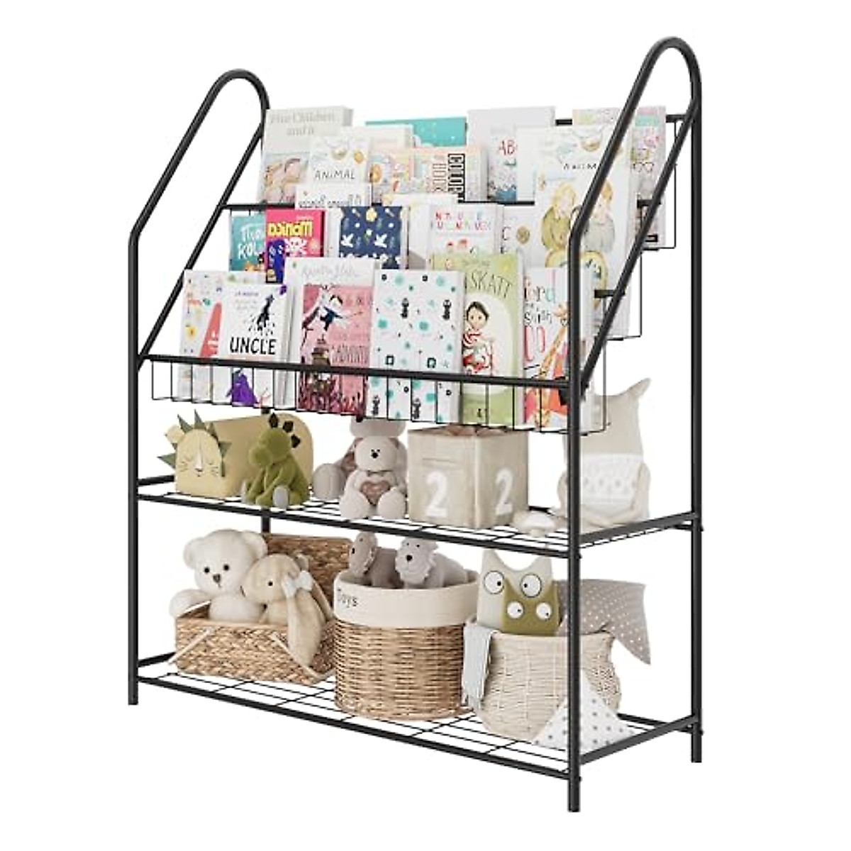 Emiosmt Black Bookcase for Children Metal Kids Bookshelves Modern Minimalist Toy Storage Large Bookshelf for Bookstore Bedroom, Classroom Furniture, Living, Library, Book Display Rack