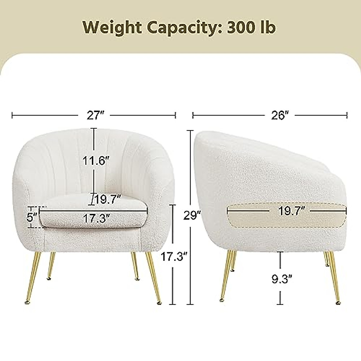 Yaheetech Sherpa Fabric Accent Chair, Modern Cozy Vanity Chair with Gold Metal Legs, Boucle Fabric Armchair with Removable Seat Cushion for Living Room Bedroom Office Guest Room, Ivory