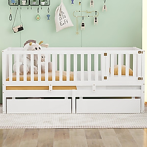 Twin Bed Frame with Rails and Storage Drawers, Can Be Divided into A Twin Size Floor Bed with Fence and A Daybed with 2 Drawers, Wood Montessori Beds for Kids Boys Girls Teens, White