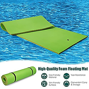 GYMAX Floating Water Mat, 12' x 6' Foam Water Floating Pad with Safe Bungee Tether and Storage Straps, 3-Layer XPE Foam Floating Island for Pool Lake River Outdoor Water Activities (Green)