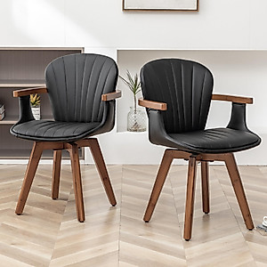 LUNLING Swivel Dining Room Chairs Set of 2, Mid Century Modern Black Faux Leather Kitchen Chairs with Arms,Bamboo Legs Side Chairs No Wheels,Accent Chair for Dining Rooms and Offices