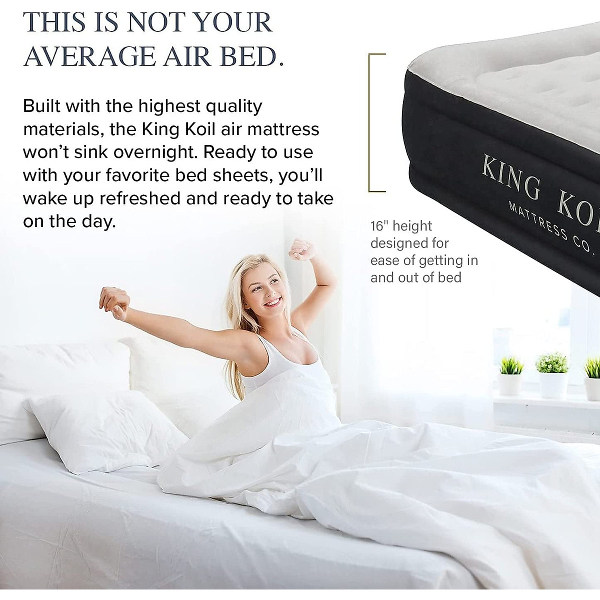 King Koil Luxury Pillow Top Plush Queen Air Mattress with High-Speed Built-in Pump, Blow Up Bed Top Side Flocking, Puncture Resistant, Double High Inflatable Airbed Guests or Travel 1-Year Warranty