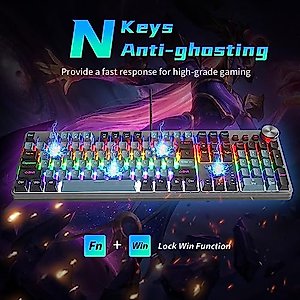 Mechanical Gaming Keyboard, RGB Backlit 104 Keys Full Size Keyboard with Multimedia Knob, Double Shot Keycaps, Full Anti-Ghosting, Blue Switch Wired Computer Keyboard for Windows PC Mac Xbox Gamer