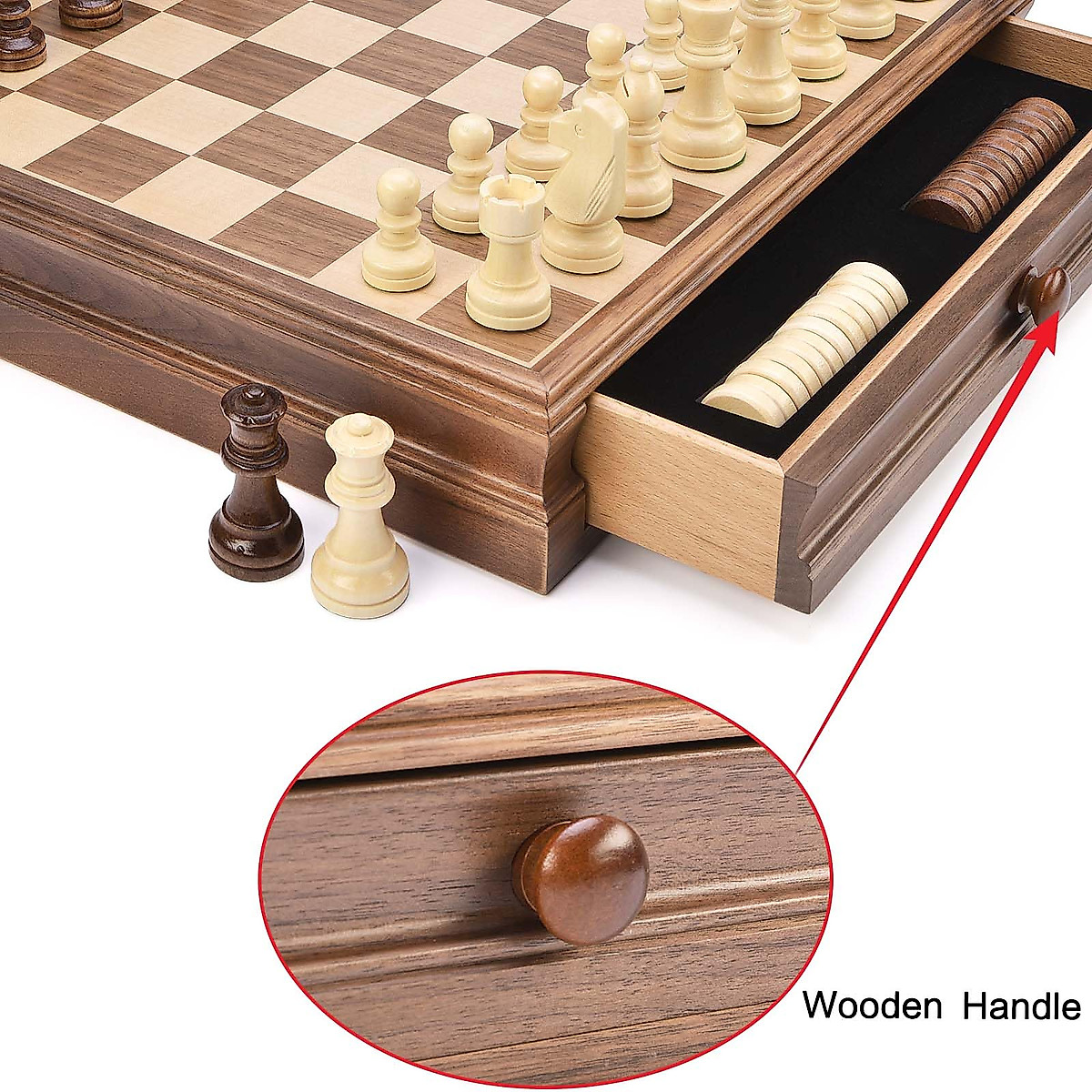 AMEROUS 15" x 15" Wooden Chess & Checkers Set with Built-in Storage Drawers/Weighted Chess Pieces / 2 Bonus Extra Queens / 24 Cherkers Pieces/Classic 2in1 Board Games for Kids, Adults
